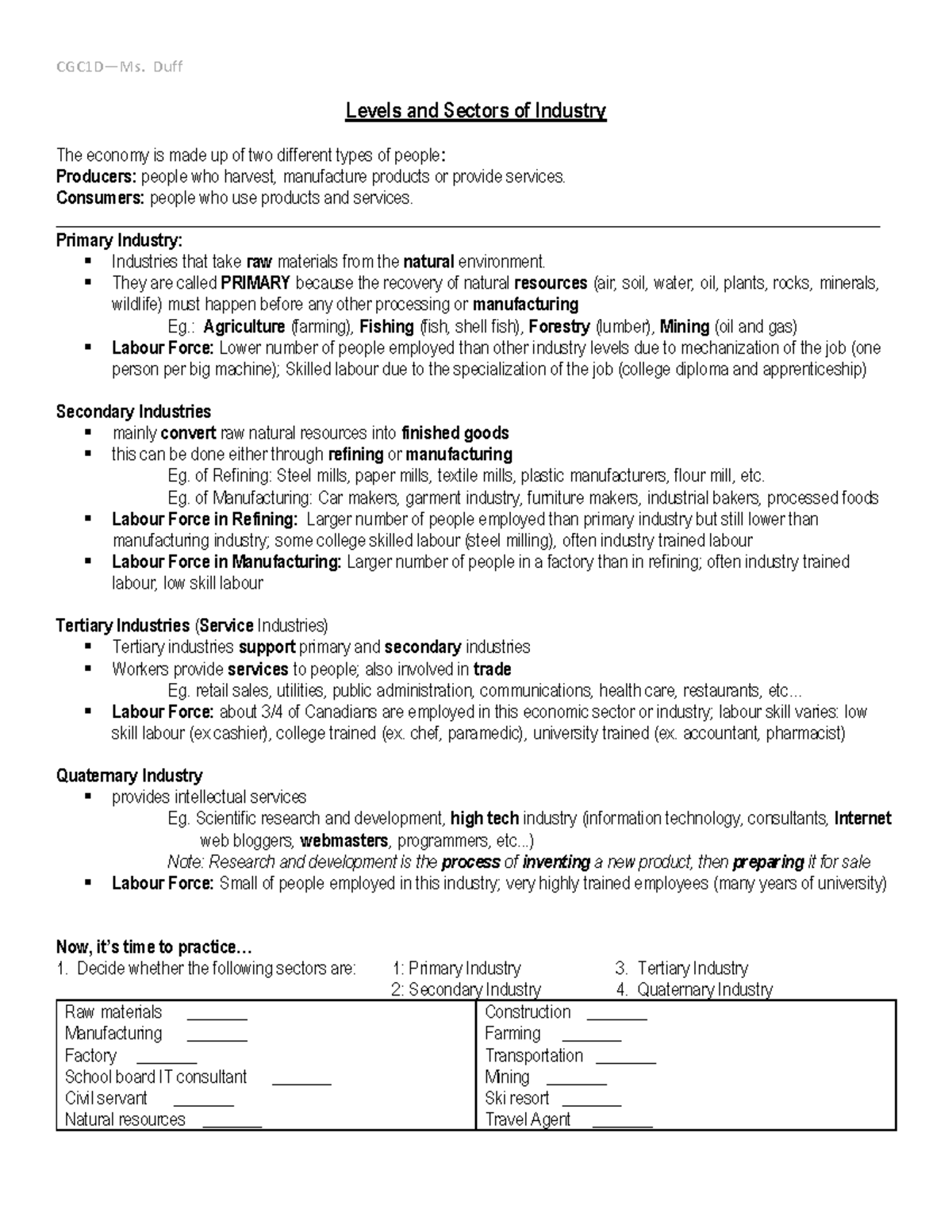 Levels and sectors of industry master - CGC1D—Ms. Duff Levels and ...
