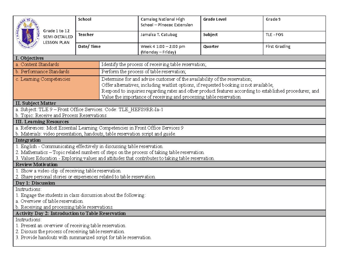 FOS Week4 LP - lesson plan - Grade 1 to 12 SEMI-DETAILED LESSON PLAN ...