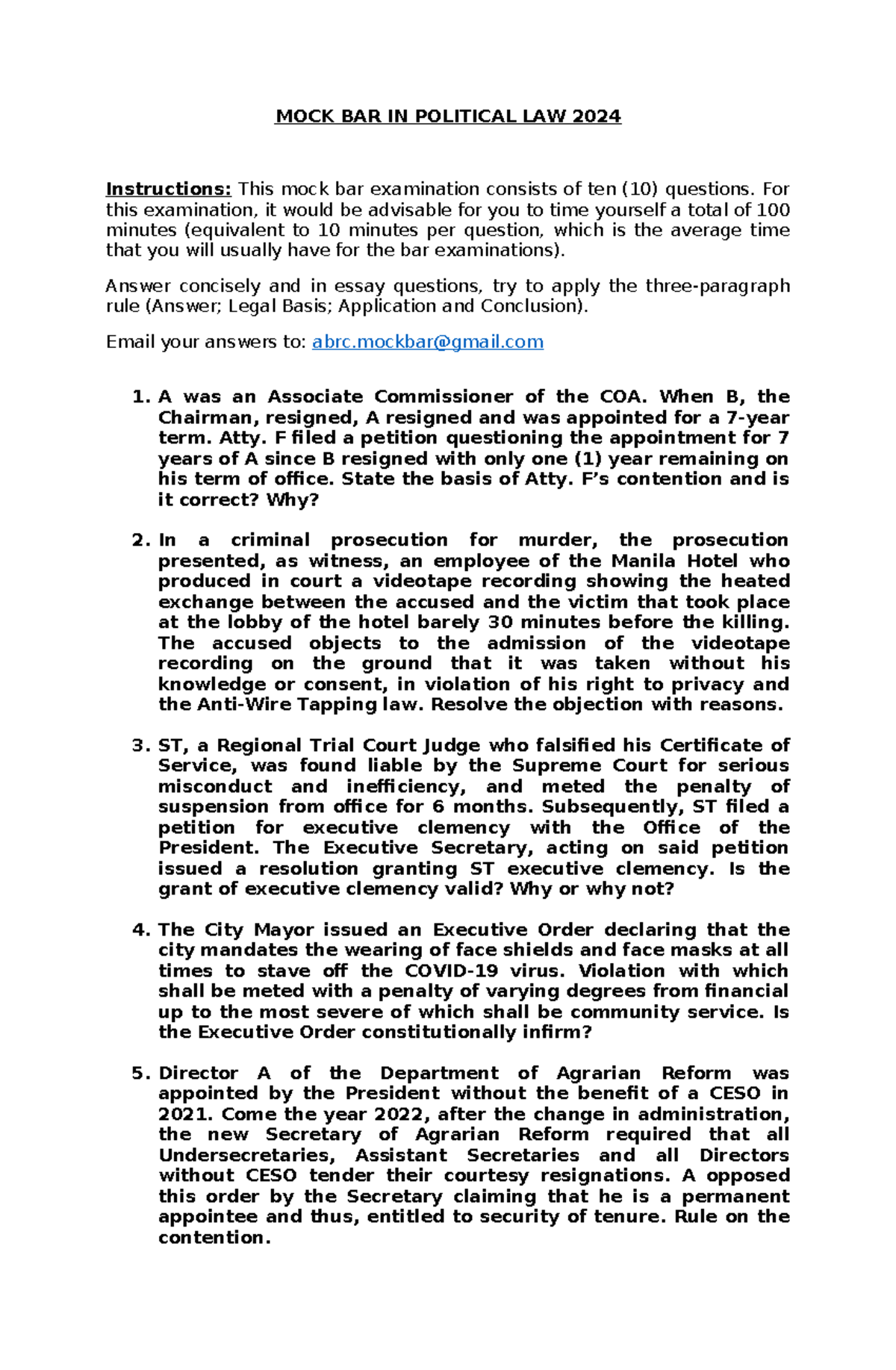 MOCK BAR IN Political LAW 2024 - MOCK BAR IN POLITICAL LAW 2024 ...