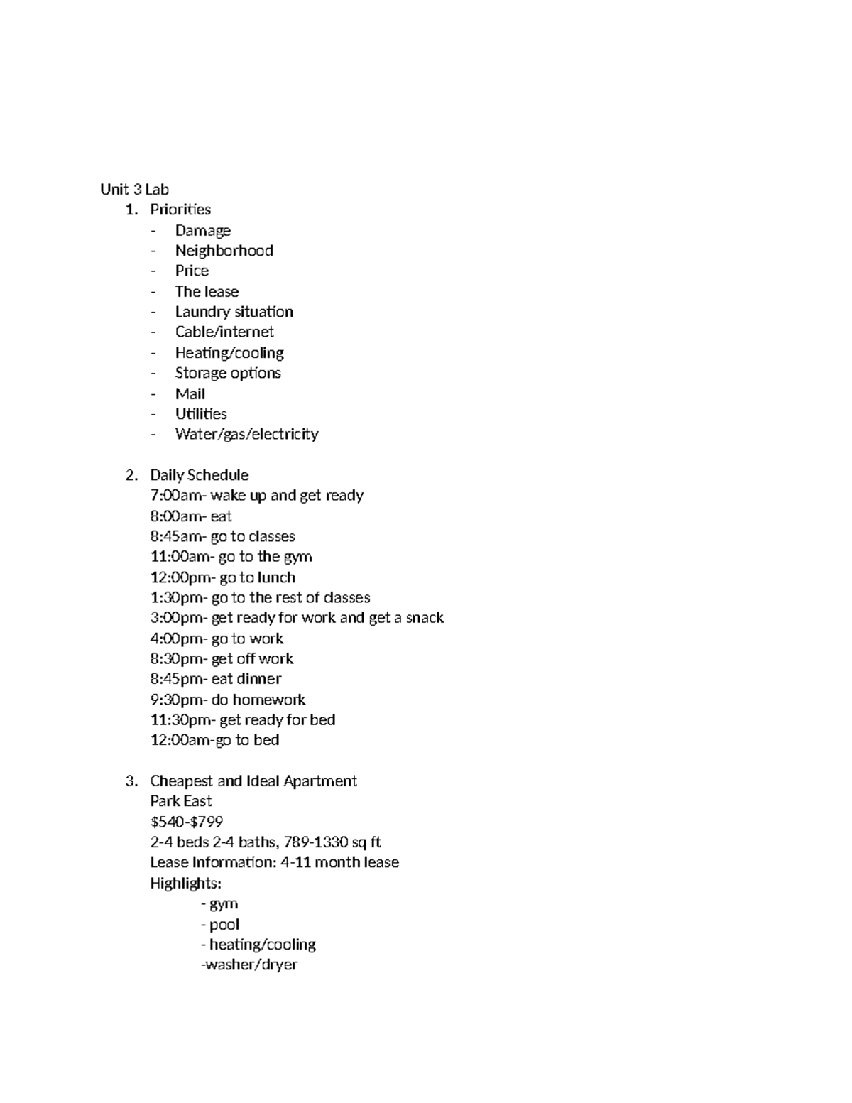 Unit 3 Lab money matters - Unit 3 Lab 1. Priorities Damage Neighborhood Price The lease Laundry ...
