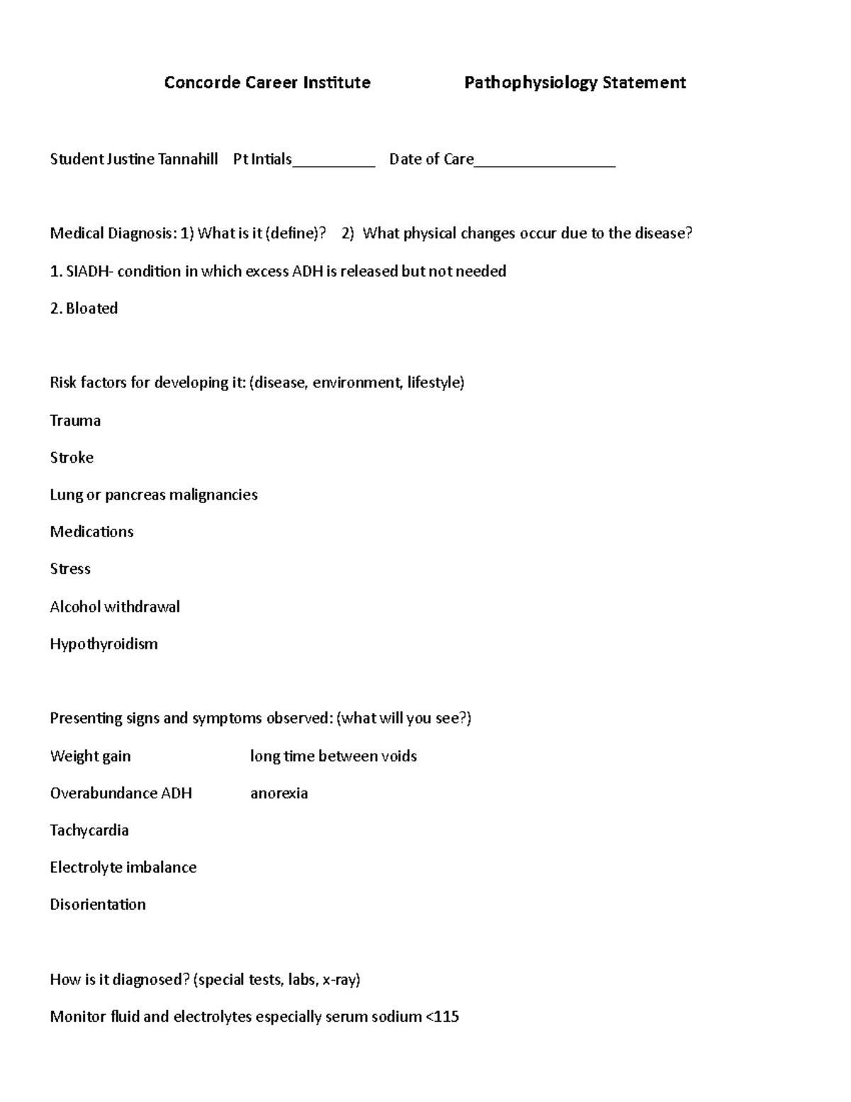 Pathophysiology Statement Siadh - Concorde Career Institute ...