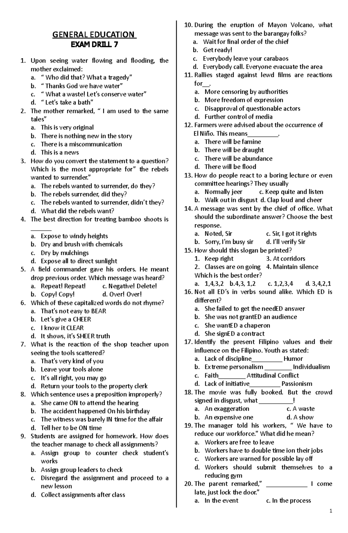 7 GEN ED Upon seeing water flowing and flooding - GENERAL EDUCATION ...