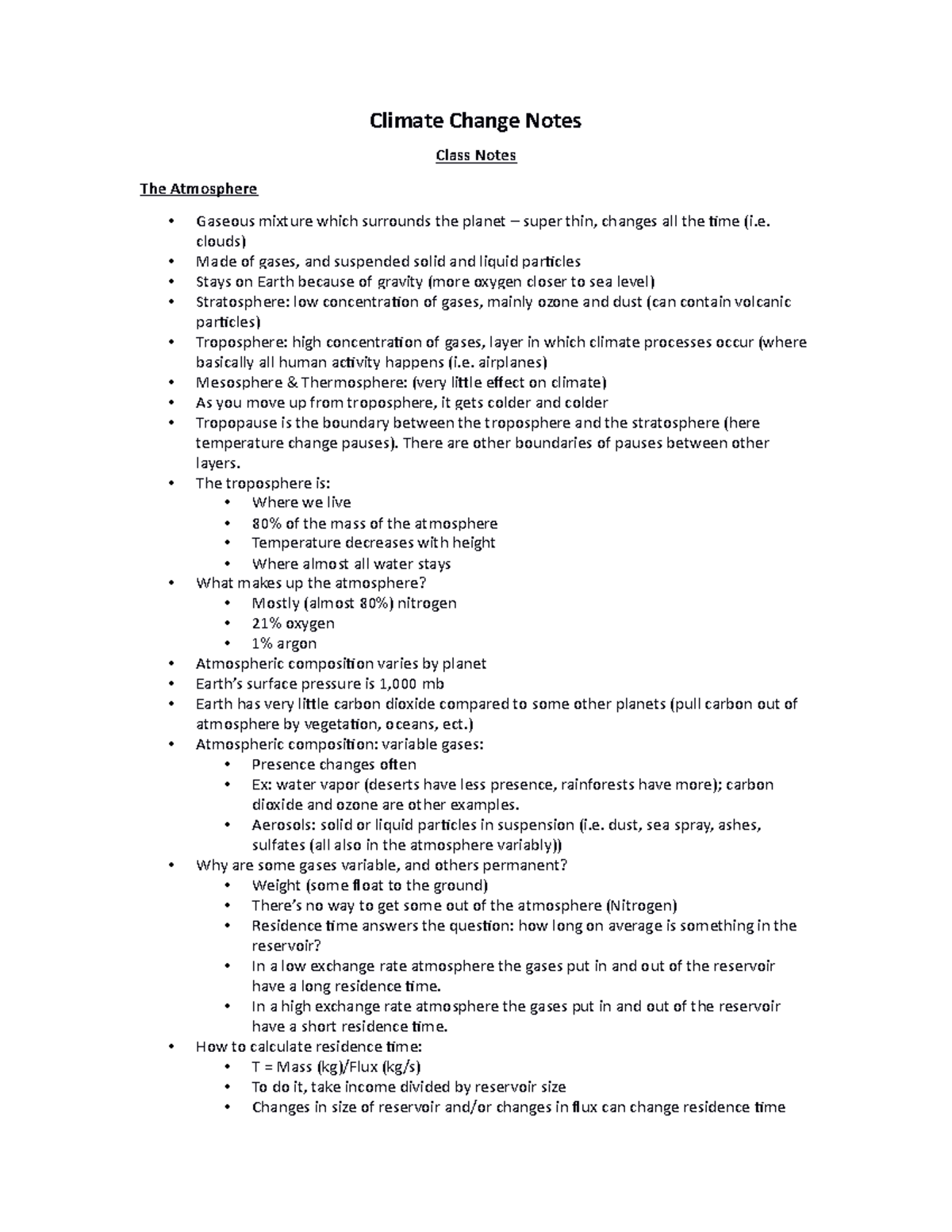 Climate Change Notes - Climate Change Notes Class Notes The Atmosphere ...
