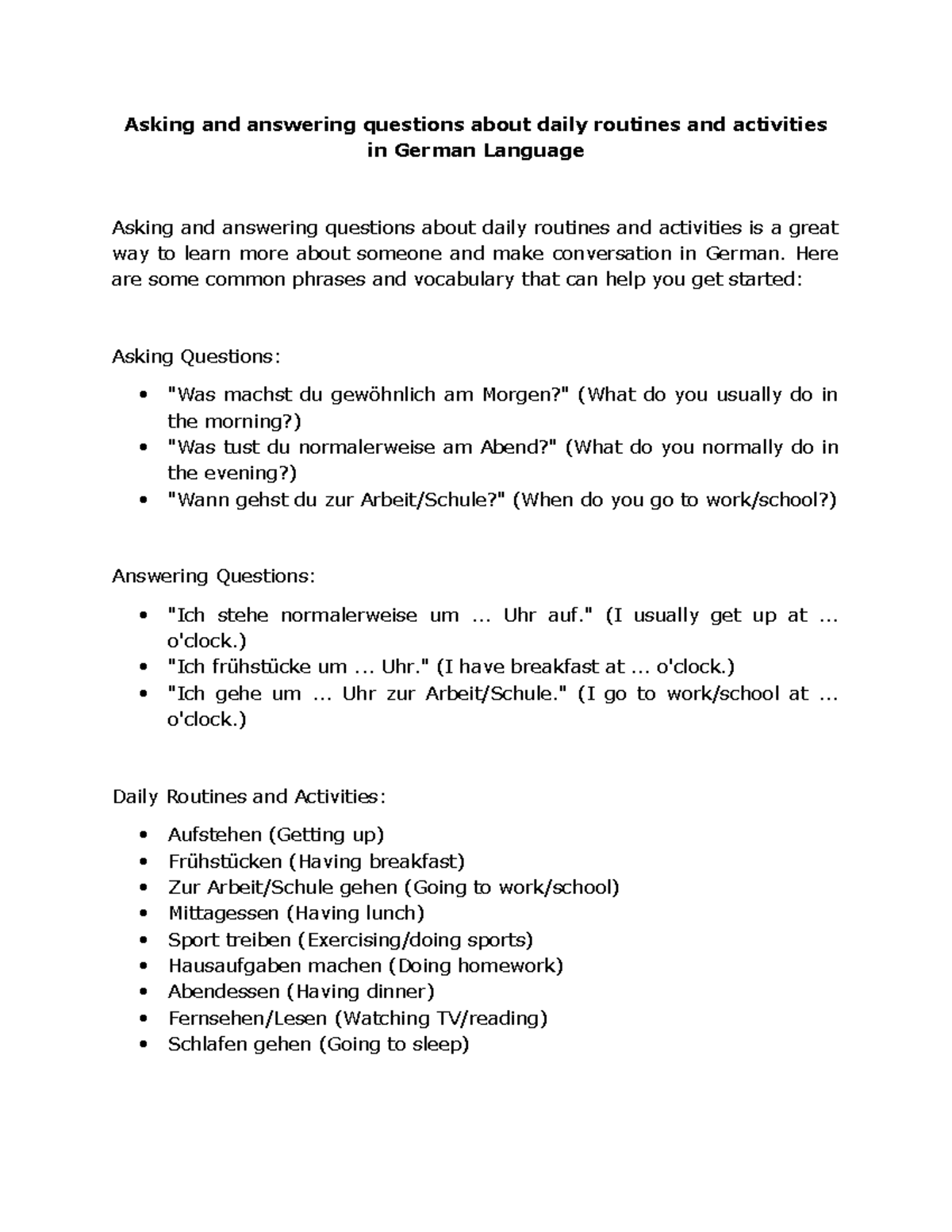 Asking and answering questions about daily routines and activities in ...