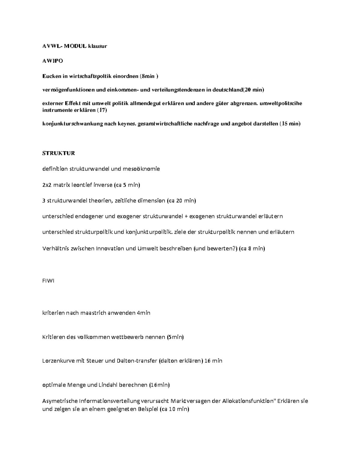Klausur Sommersemester 2013, Fragen - AVWL- MODUL klausur AWIPO Eucken in wirtschaftspoltik ...
