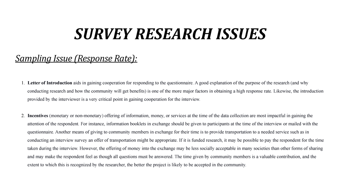Survey - sample - SURVEY RESEARCH ISSUES Sampling Issue (Response Rate ...