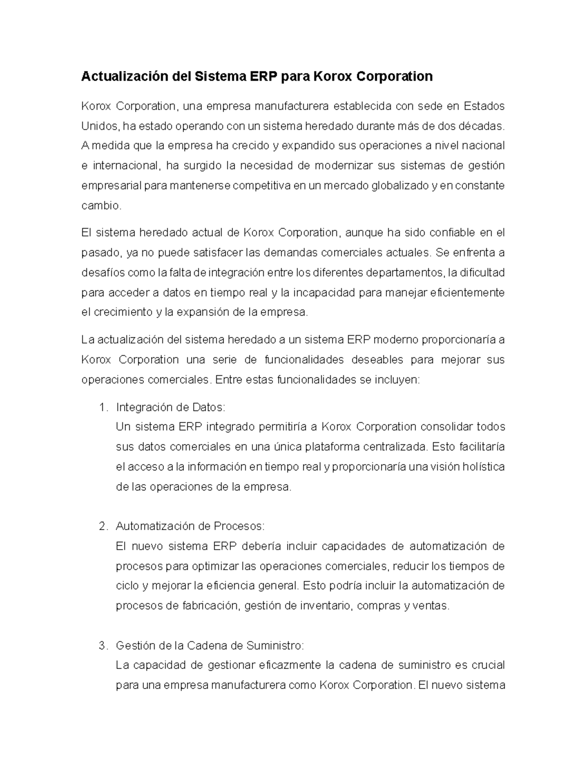 Actualización del Sistema ERP para Korox Corporation - Actualización ...