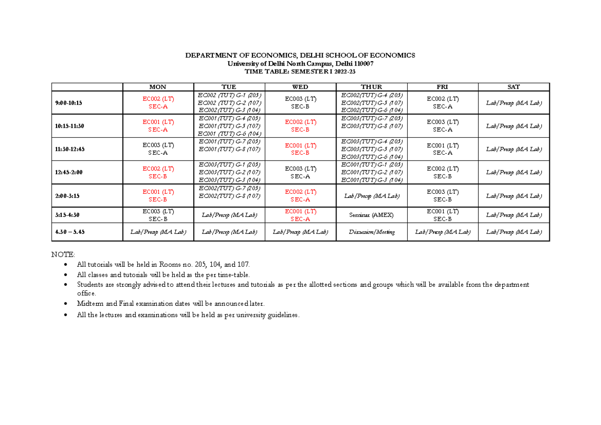Time Table Sem 1 (revised) - DEPARTMENT OF ECONOMICS, DELHI SCHOOL OF ECONOMICS University of ...