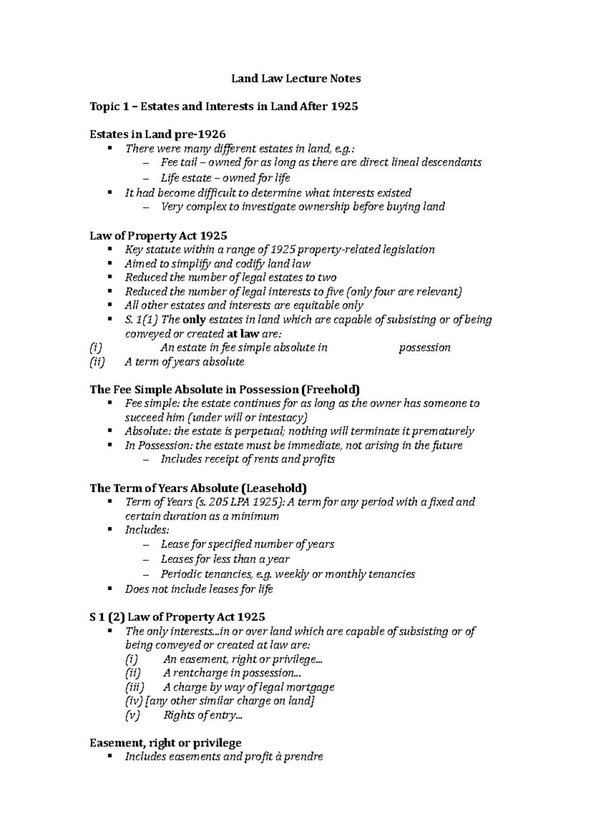 Lecture notes, lecture all - Land Law Lecture Notes Topic 1 Estates and ...