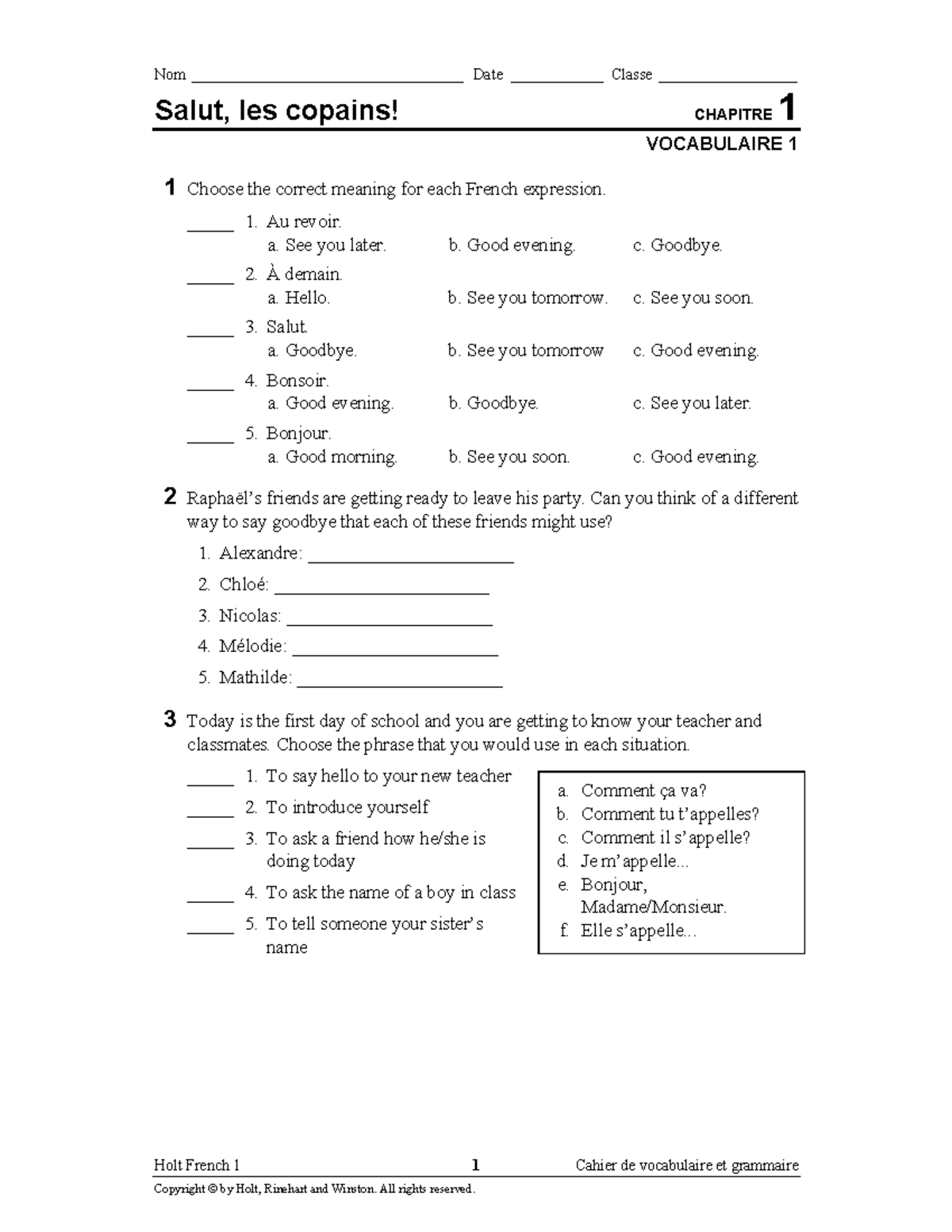Bl18l1se c01 cvg - Salut, les copains! CHAPITRE 1 VOCABULAIRE 1 1 ...