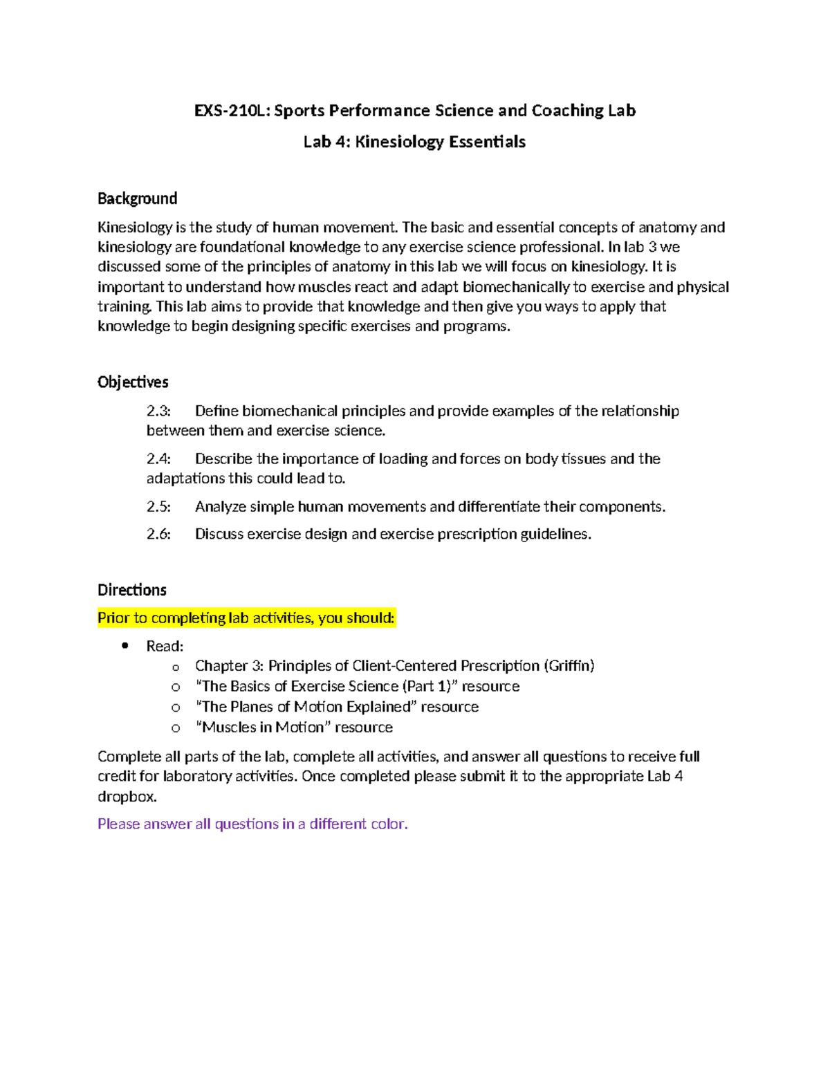 Lab 4 - Kinesiology Essentials - EXS-210L: Sports Performance Science and Coaching Lab Lab 4 ...