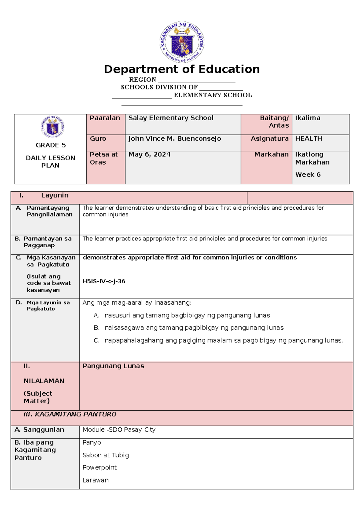 COT Health 5 Q4 W5 - Department of Education REGION ...