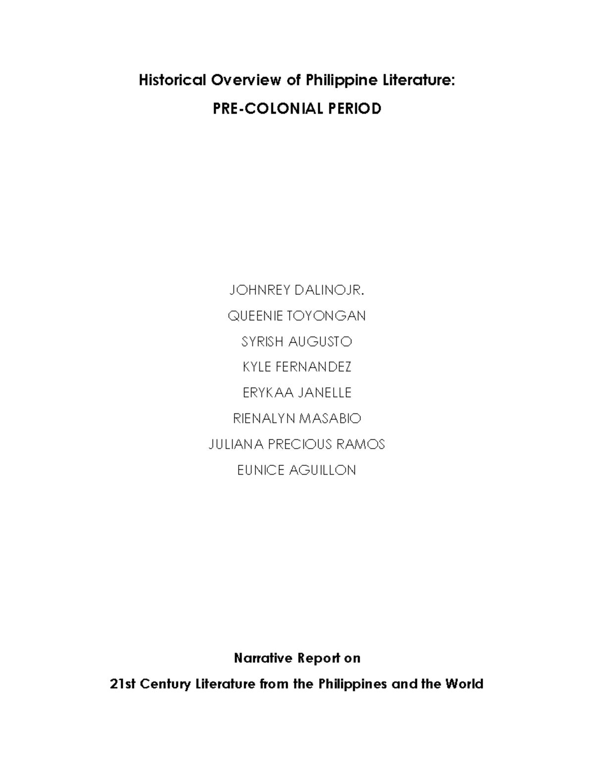 Narrative Report -precolonial - Historical Overview of Philippine ...