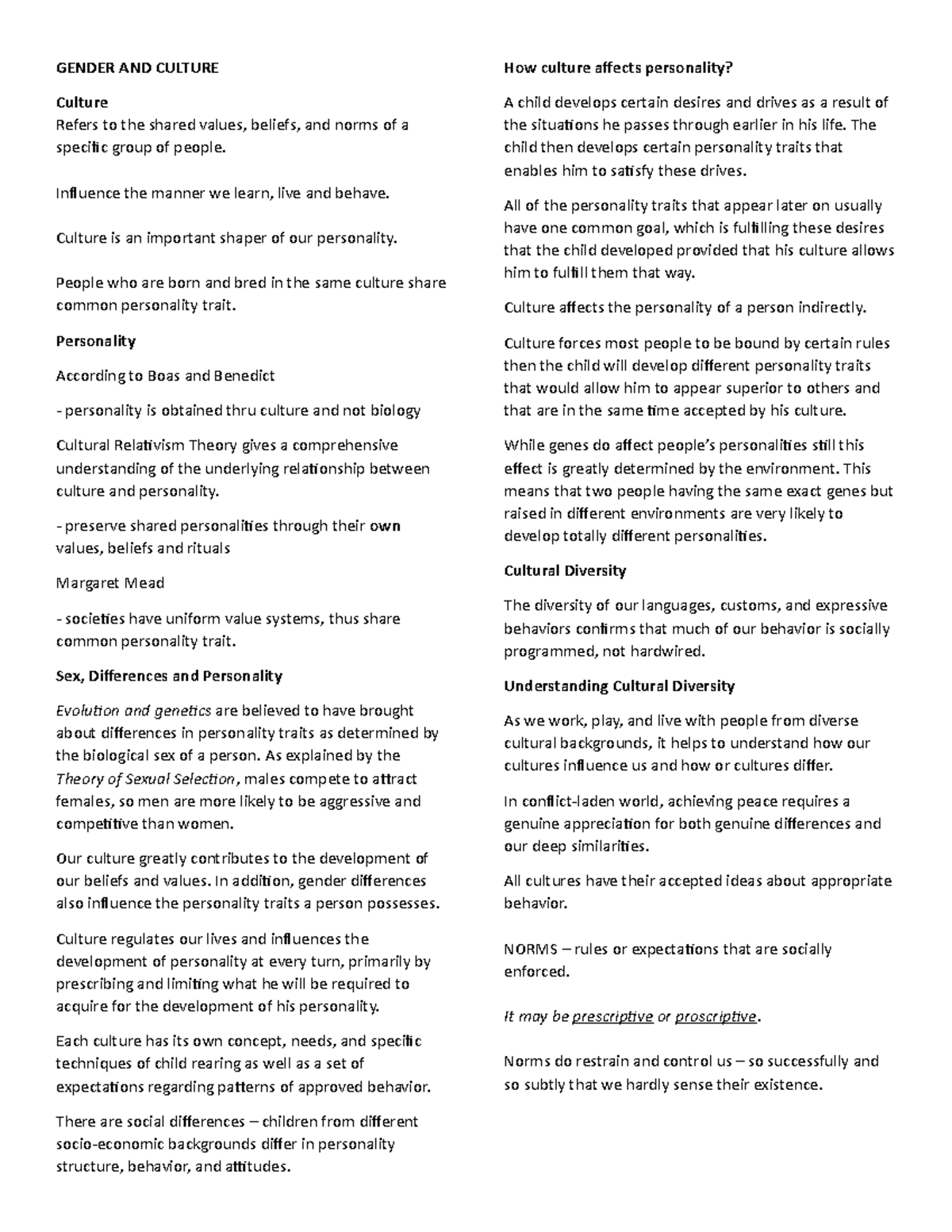 Handout 2 - BMLS 1 2nd Semester - GENDER AND CULTURE Culture Refers to ...