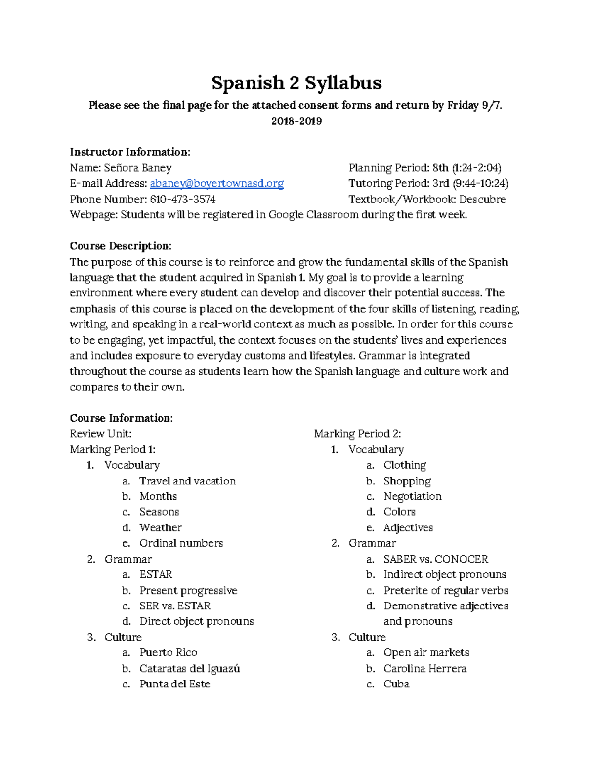 Spanish 2 Syllabus - intressante stof - Spanish 2 Syllabus Please see ...