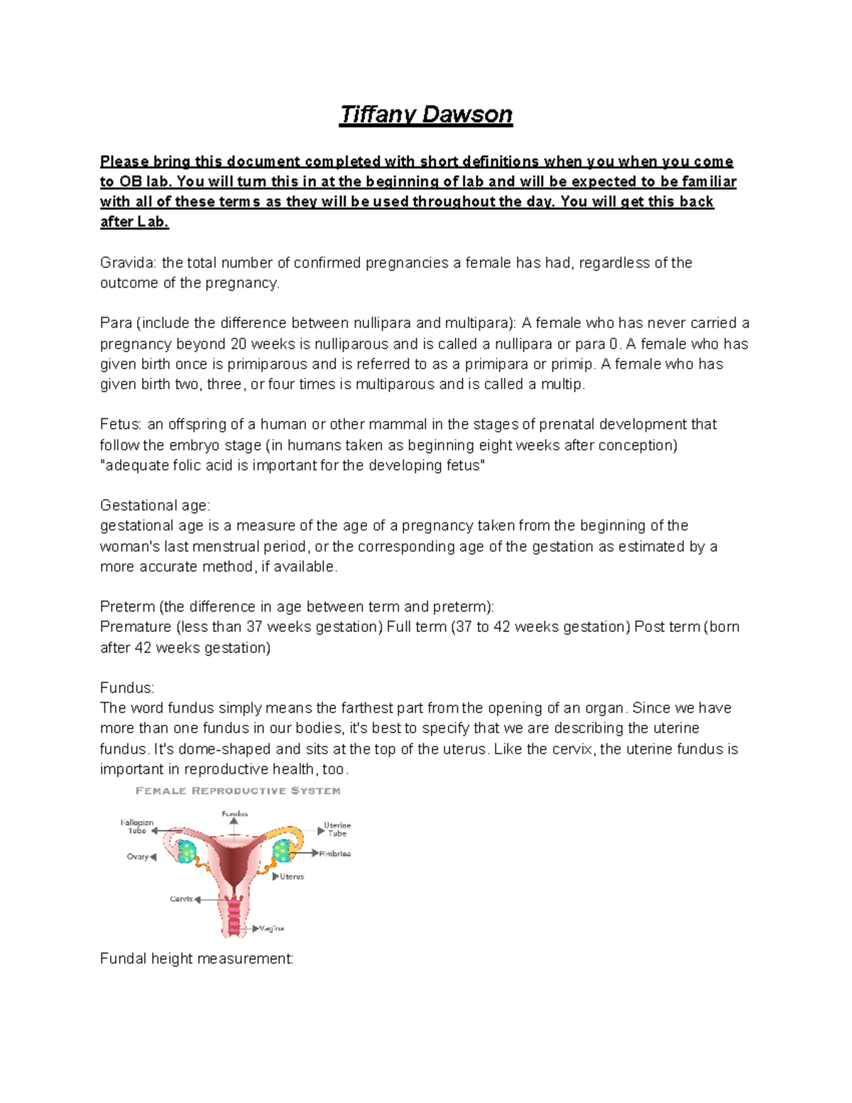 PASS TO OB LAB - Definitions to OB and lab prep work - Tiffany Dawson ...