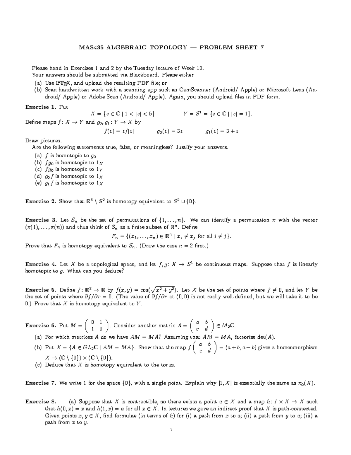 MAS435 Algebraic Topology Problem Sheet 7 - MAS435 ALGEBRAIC TOPOLOGY ...
