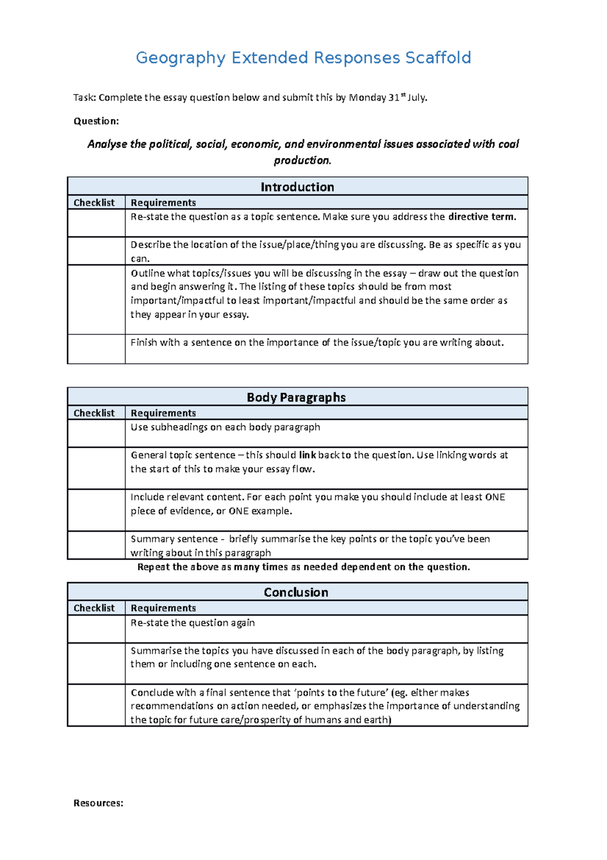 Essay Scaffold - Coal - Geography Extended Responses Scaffold Task ...