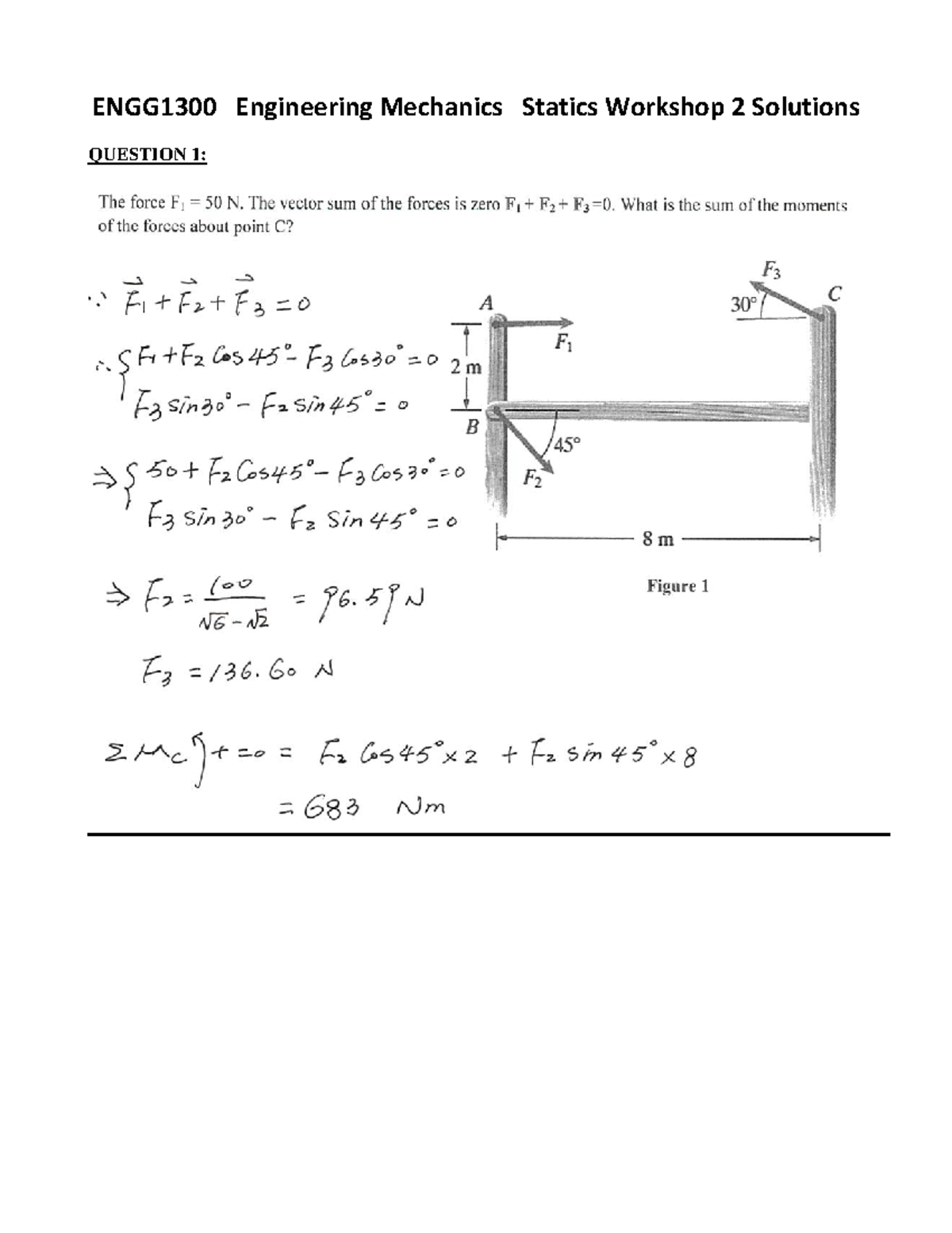 Workshop-S 2 Solutions - ENGG1300 Engineering Mechanics Statics ...