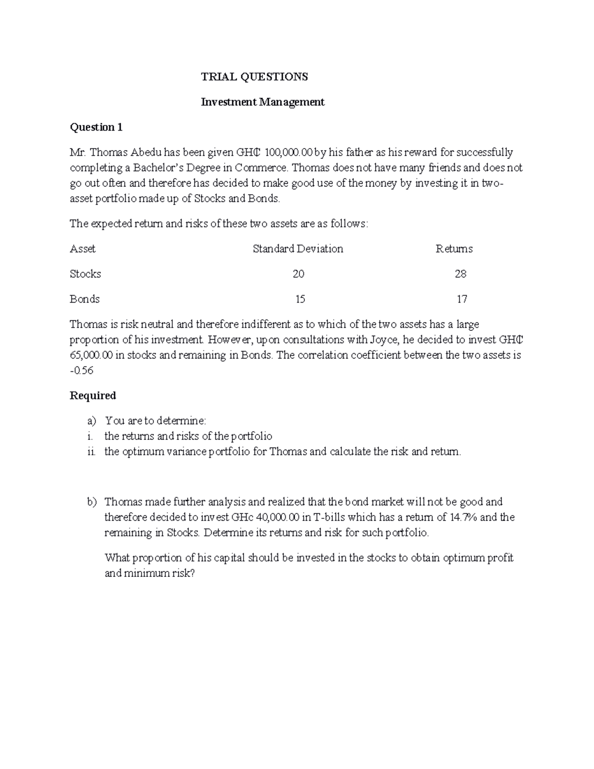 Trial questions Investment management - TRIAL QUESTIONS Investment ...