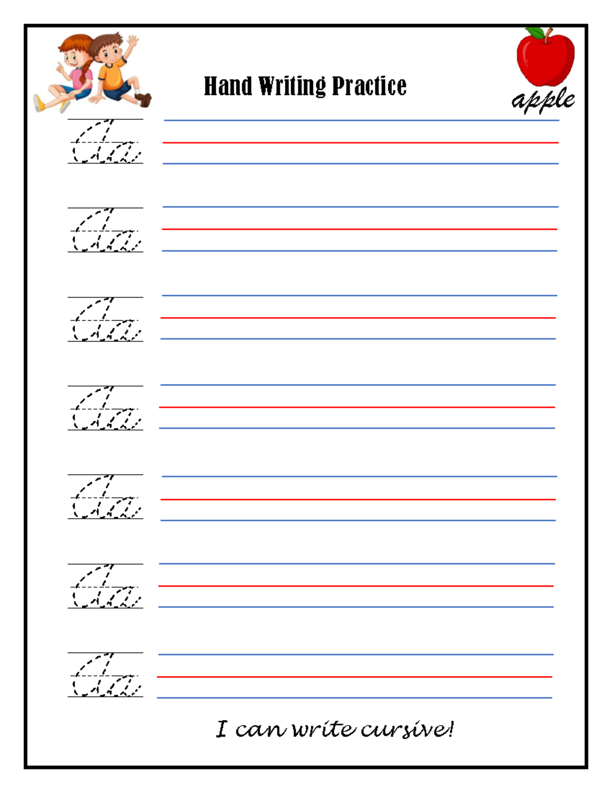 Cursive Hand Writing Practice with Picture - Aa Aa Aa Aa Aa Aa Aa apple ...