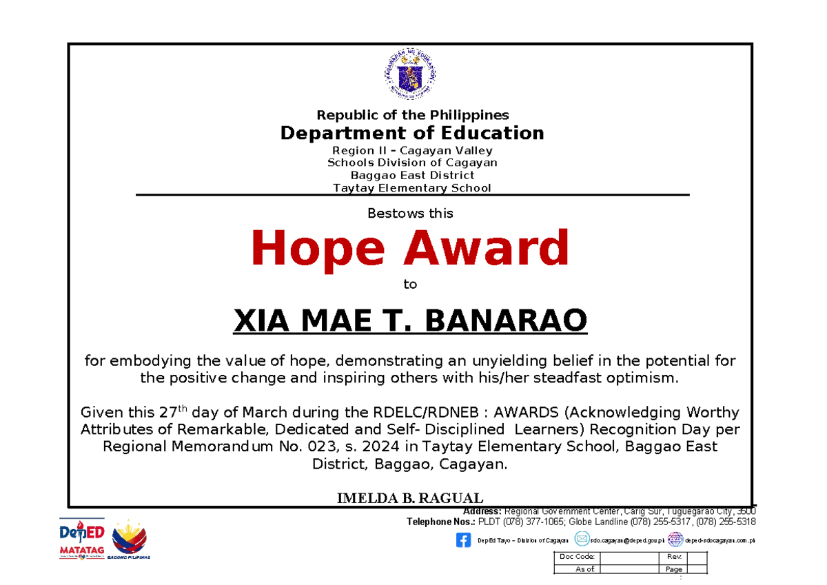 Rdneb- Awards - none - Doc Code: Rev: As of: Page Address: Regional ...