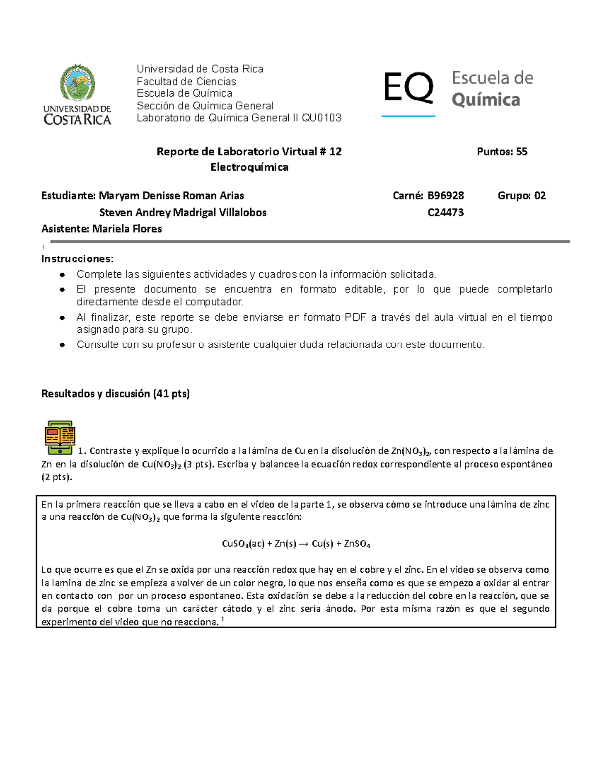 Reporte 12 Electroquímica - Universidad de Costa Rica Facultad de Ciencias Escuela de Química ...