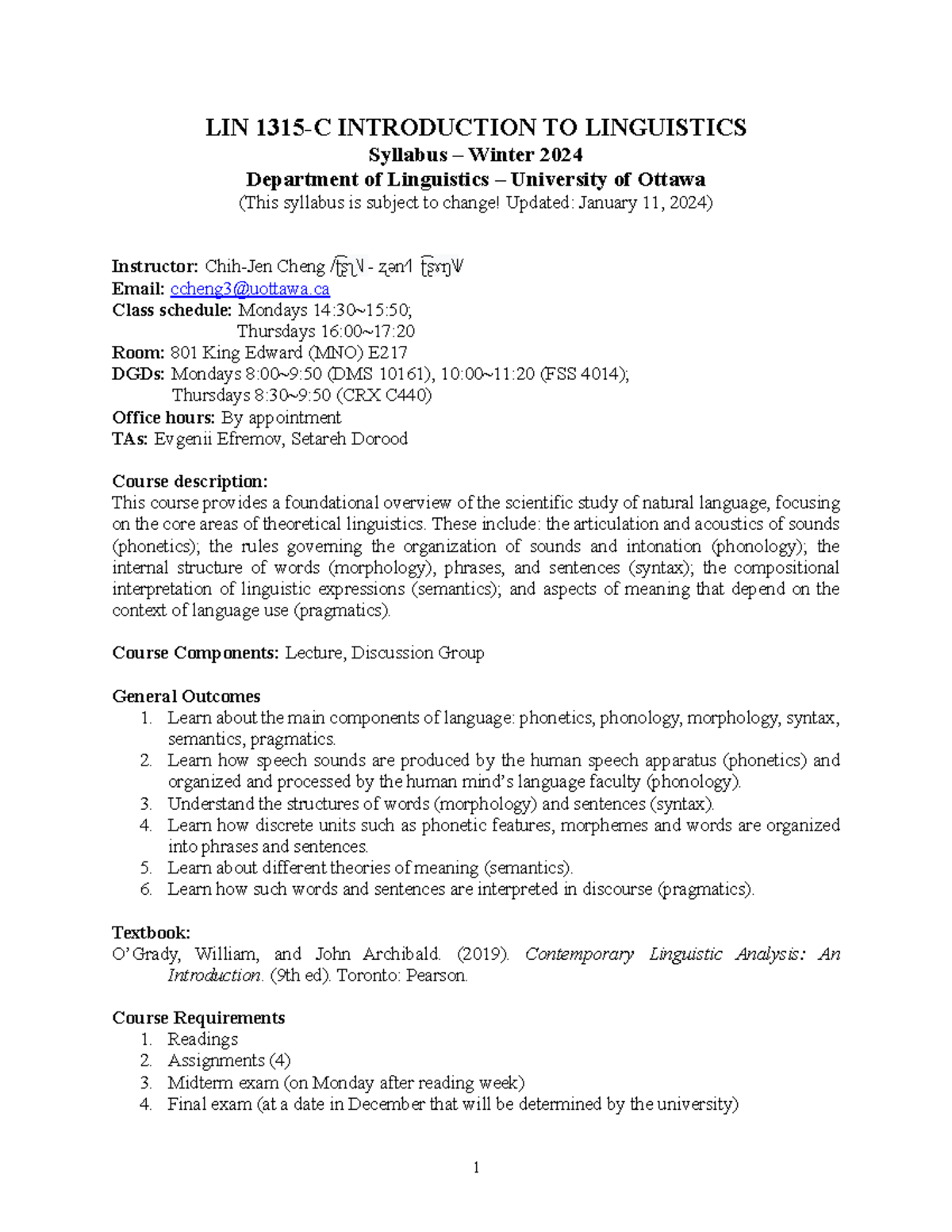 LIN1315 C Syllabus(Jan0112024) - 1 LIN 1315-C INTRODUCTION TO ...