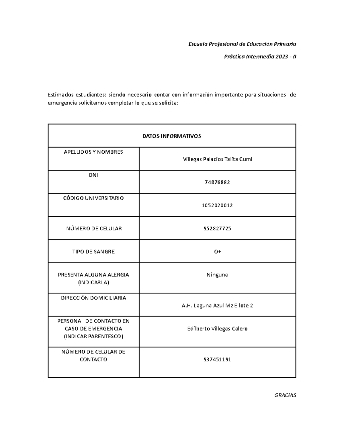 Ficha Informativa - Escuela Profesional de Educación Primaria Práctica Intermedia 2023 - II ...