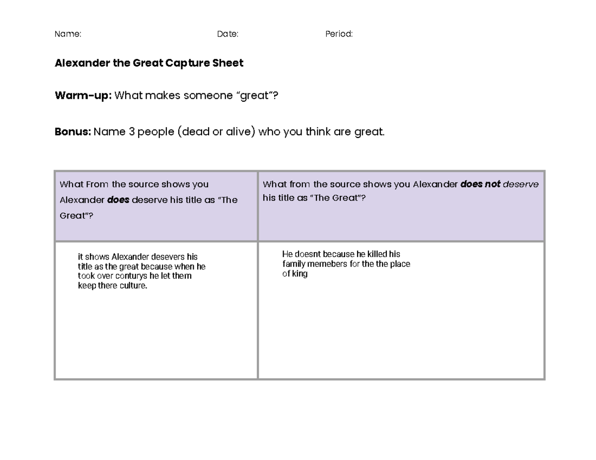 Alexander the Great Video Capture Sheet - Name: Date: Period: Alexander ...