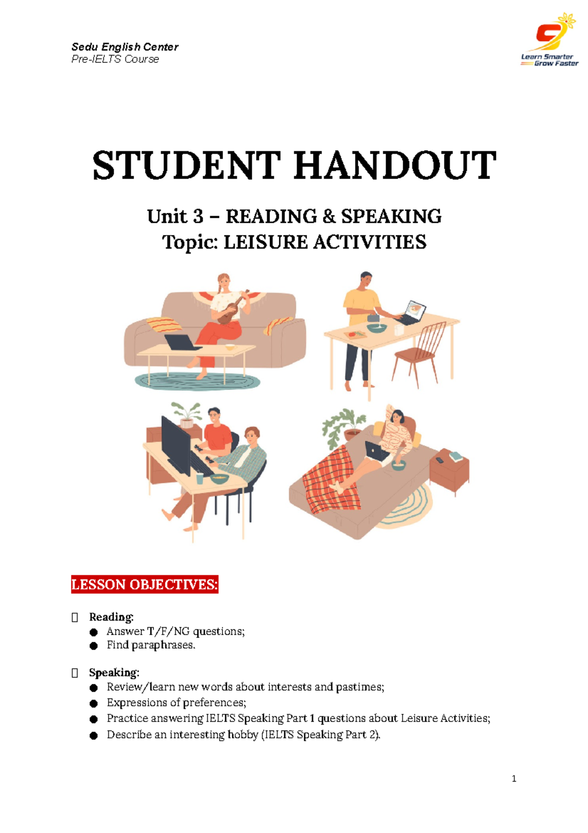 Unit 3 - Leisure Activities (R+S) Student Handout - Pre-IELTS Course ...
