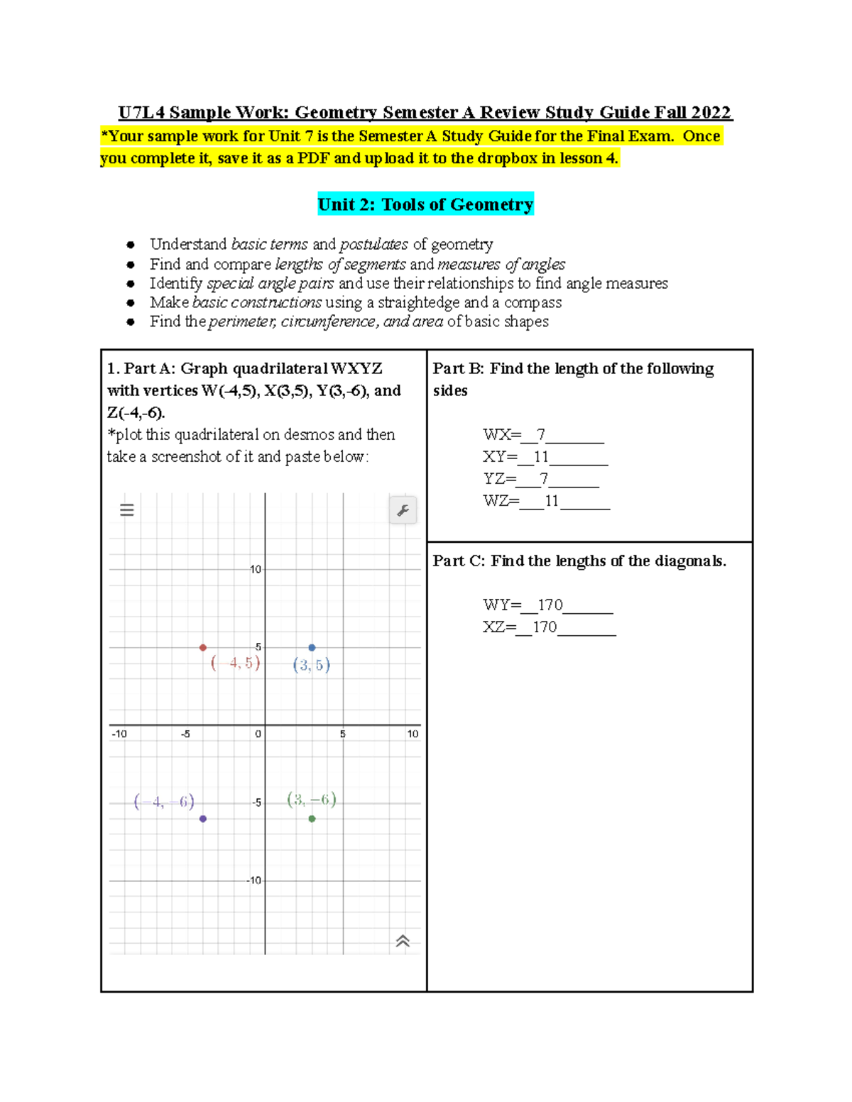 Sample Work-Geometry Semester A Review Study Guide Fall 2022 - U7L4 ...