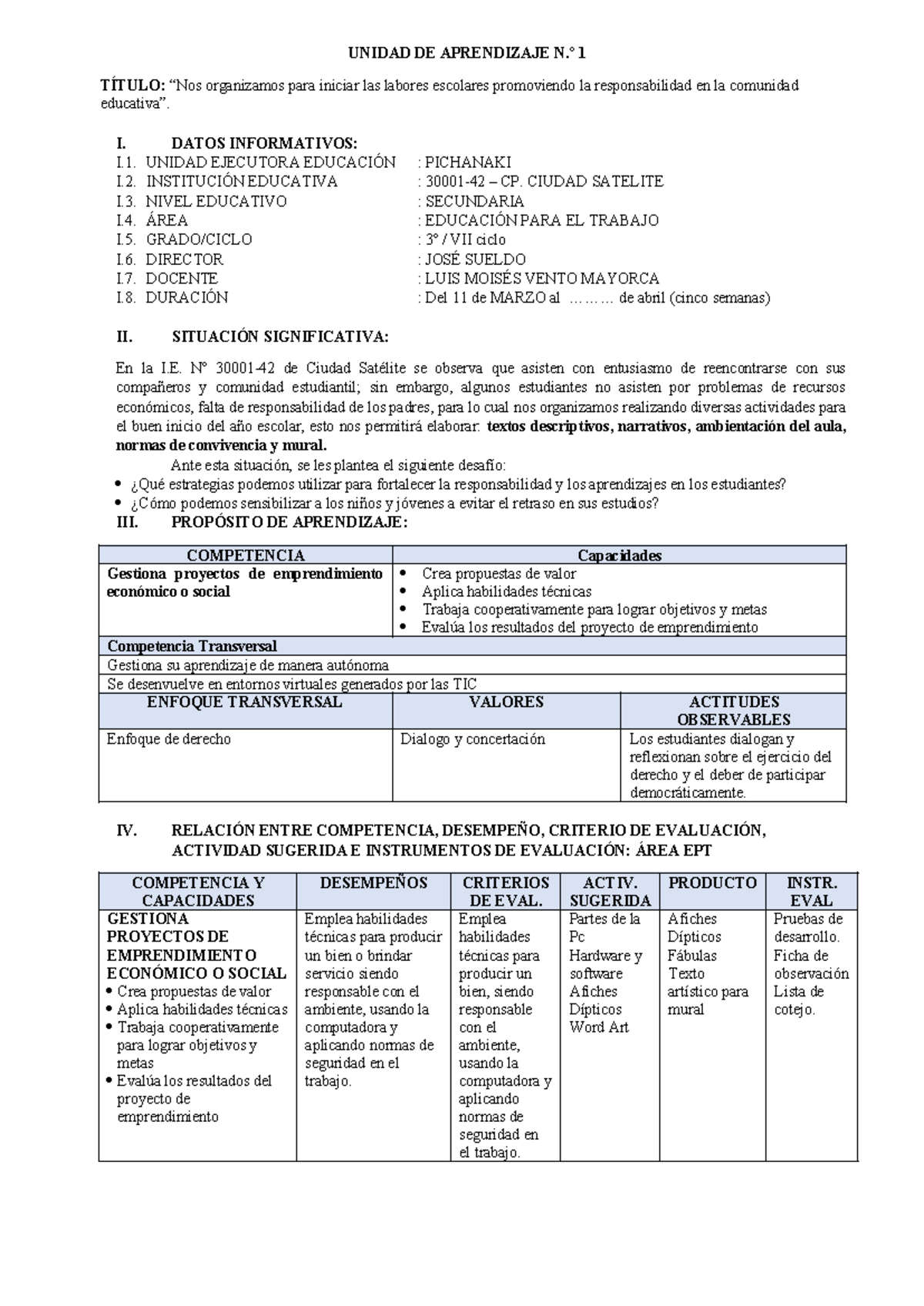 Unidad DE Aprendizaje Nº 1 EPT 3° - 5° - UNIDAD DE APRENDIZAJE N.º 1 ...