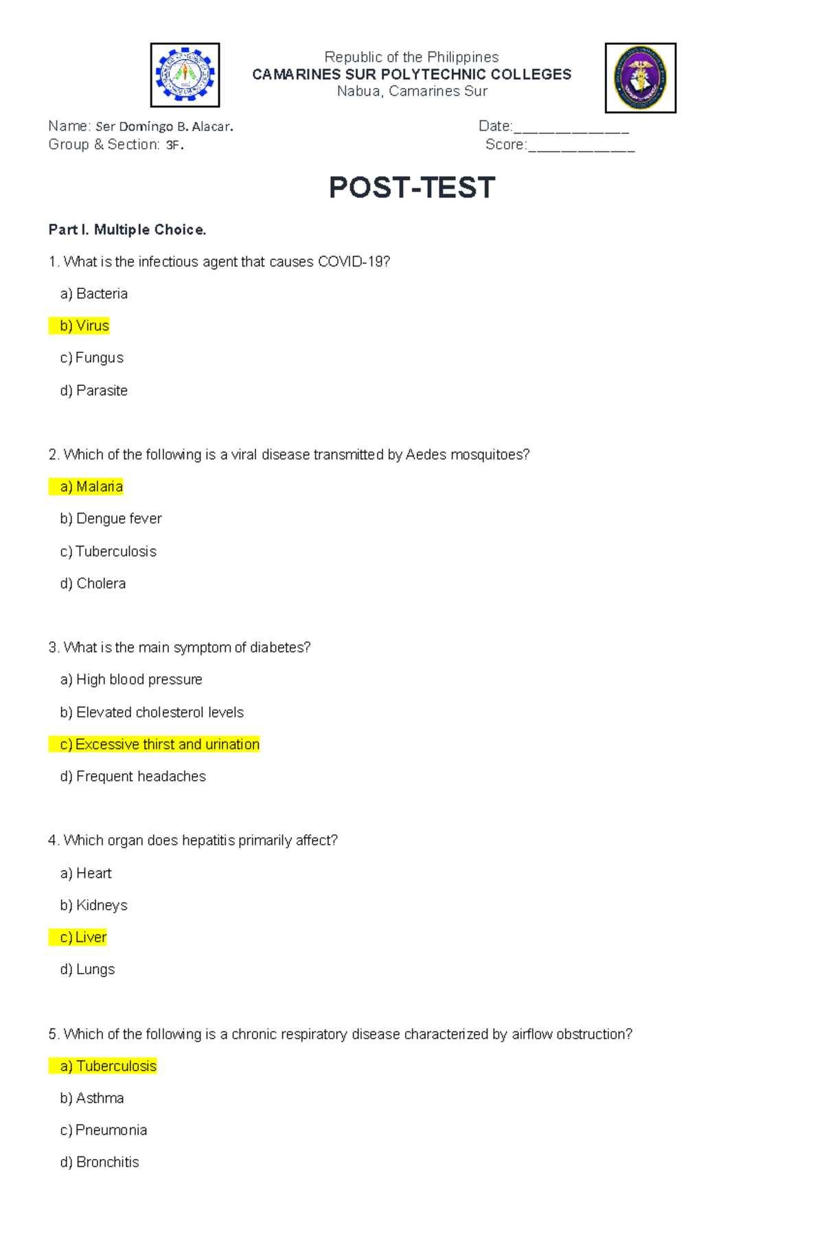 POST-TEST-1 - Republic of the Philippines CAMARINES SUR POLYTECHNIC ...