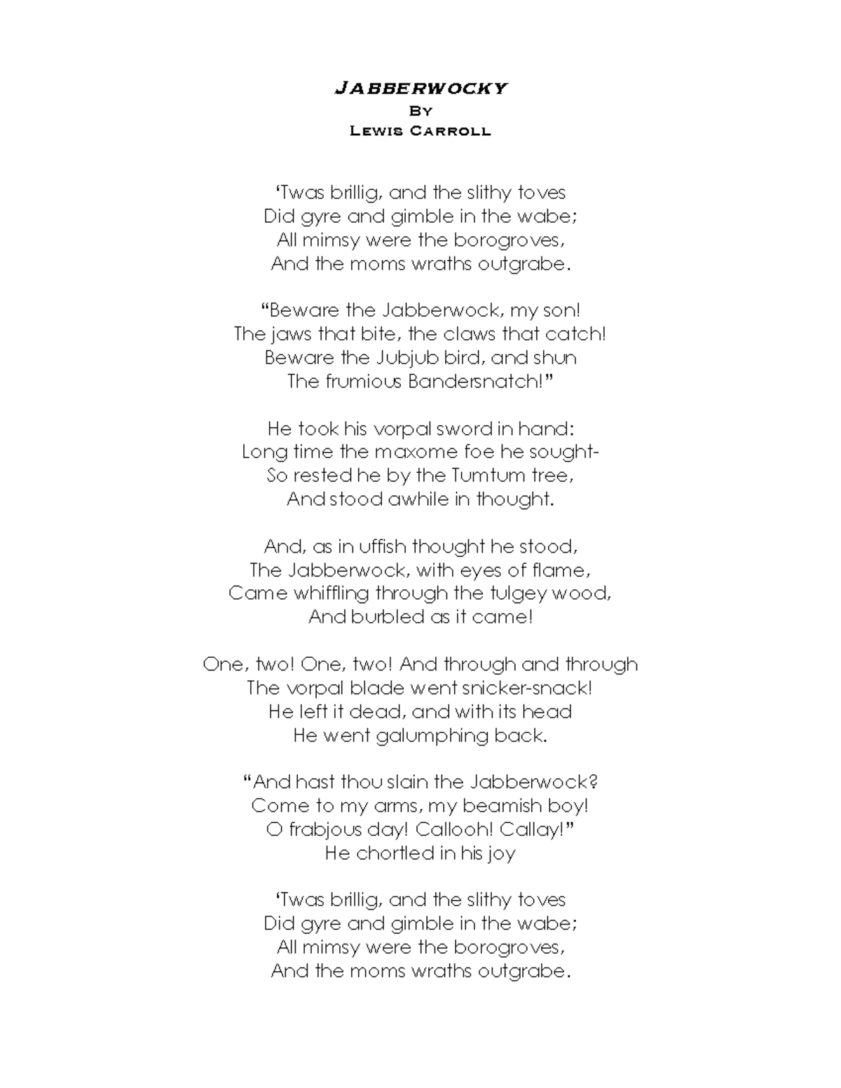 Jabberwocky (updated 2022) - Jabberwocky By Lewis Carroll ‘Twas brillig ...