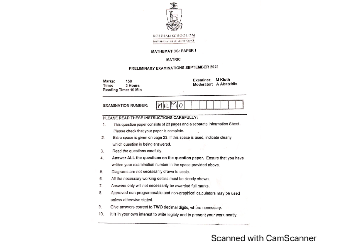 2021-September-Matric Mathematics P1 Memo - mathematics grade 11 - Studocu