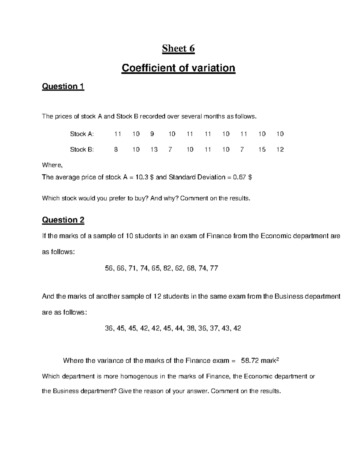 Sheet - 6 - applied statistics bis959 - Sheet 6 Coefficient of ...
