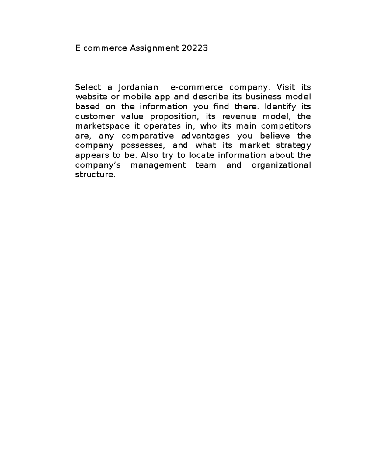 E commerce Assignment 20223 - E commerce Assignment 20223 Select a Jordanian e-commerce company ...