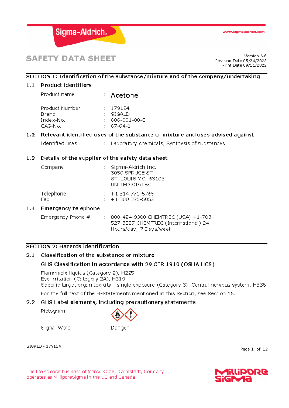 Acetone SDS - SIGALD - 179124 Page 1 of 12 The life science business of ...