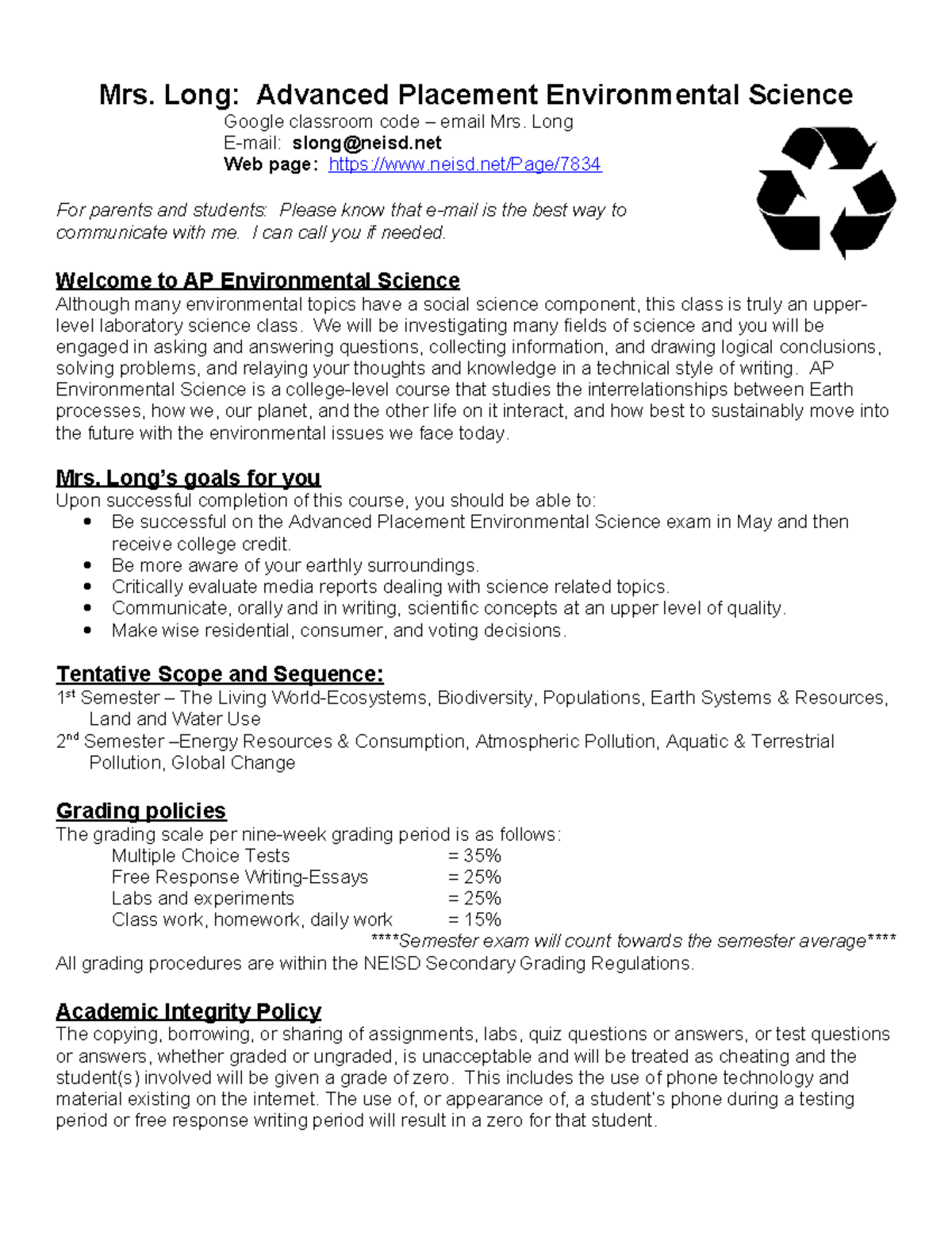 23-24 syllabus apes long - Mrs. Long: Advanced Placement Environmental ...