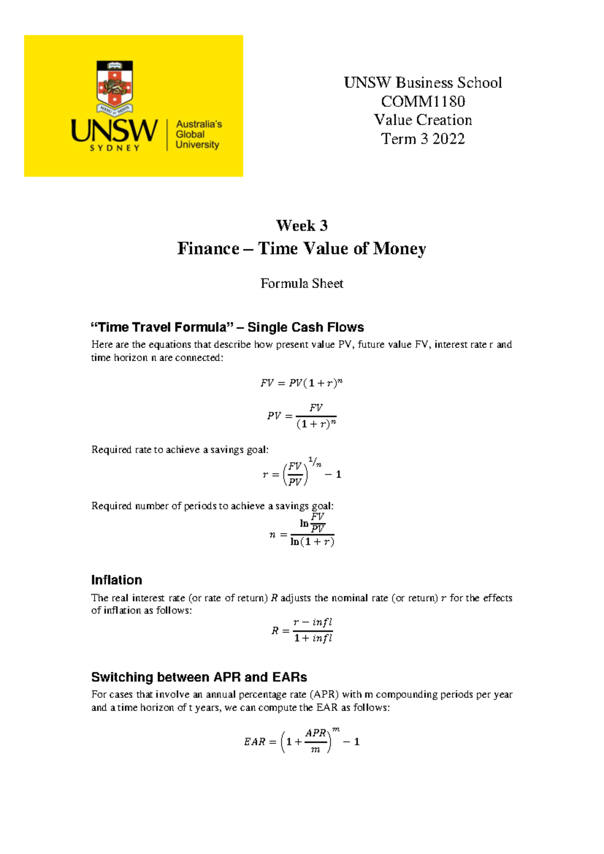 Wk3 Formula Sheet - Week 3 Finance – Time Value of Money Formula Sheet ...