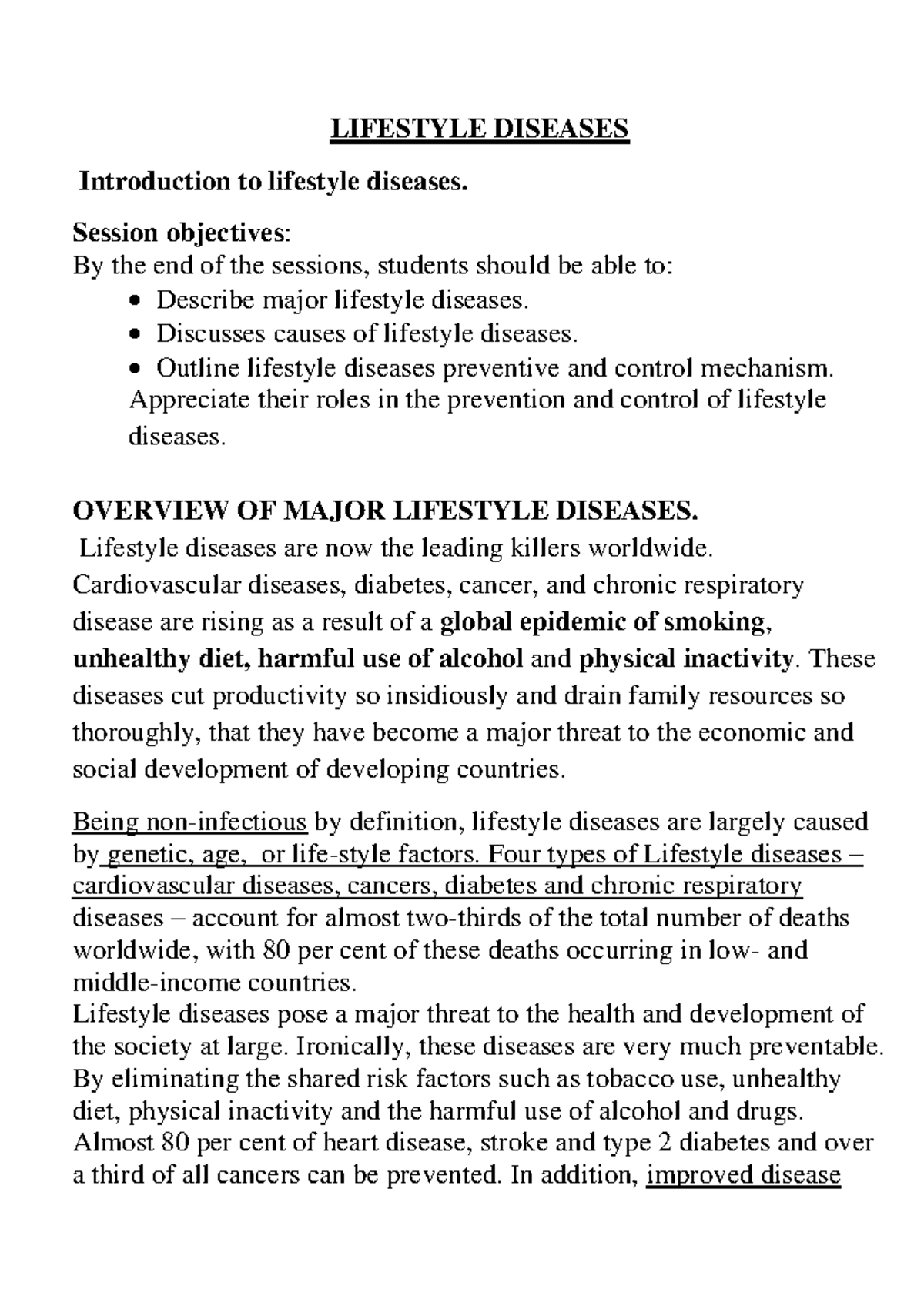 Lifestle Diseases Handout - LIFESTYLE DISEASES Introduction to ...