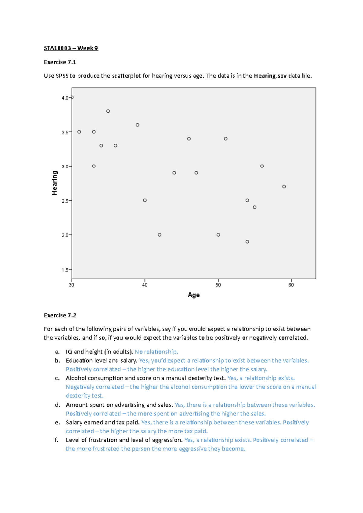 STA10003 - Exercises - Week 9 - STA10003 – Week 9 Exercise 7. Use SPSS ...