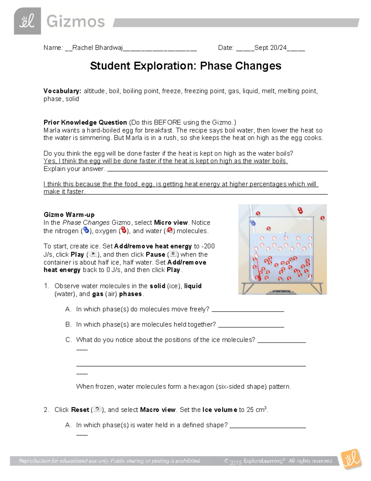 Phase Changes SE - Fill the blanks in. - Name: Rachel Bhardwaj ...