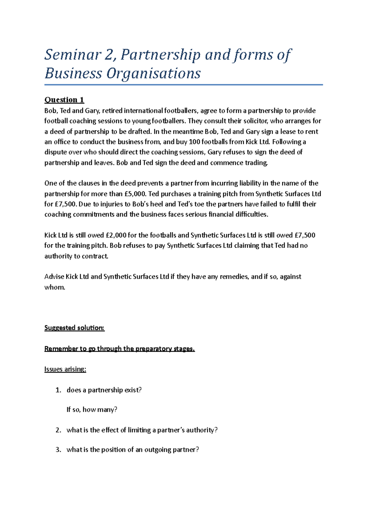 Sample answer - Seminar 2, Partnership and forms of Business ...