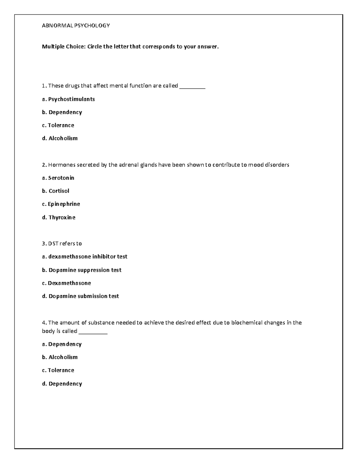 Multiple Choice Quiz in Abnormal Psych 2 - Multiple Choice: Circle the ...
