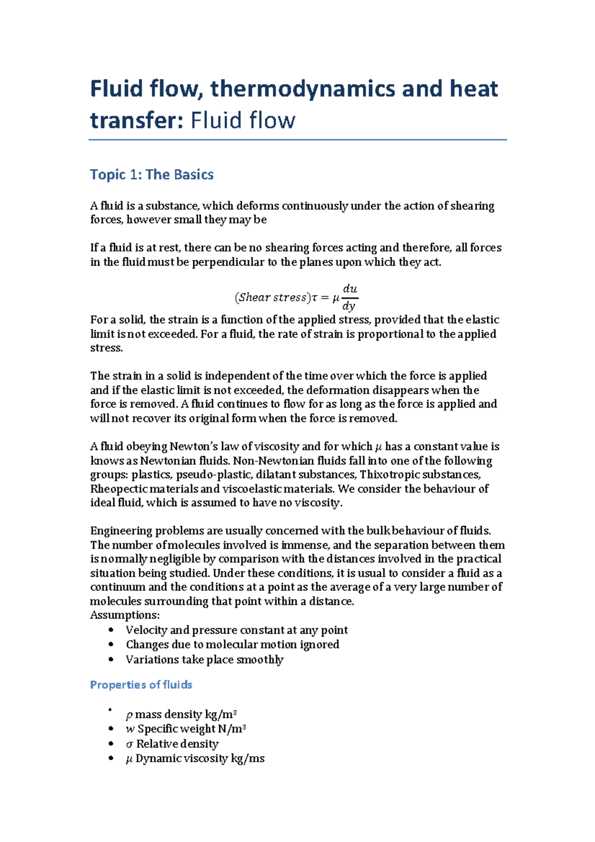 Fluid flow, thermodynamics and heat transfer first topic notes - Fluid ...