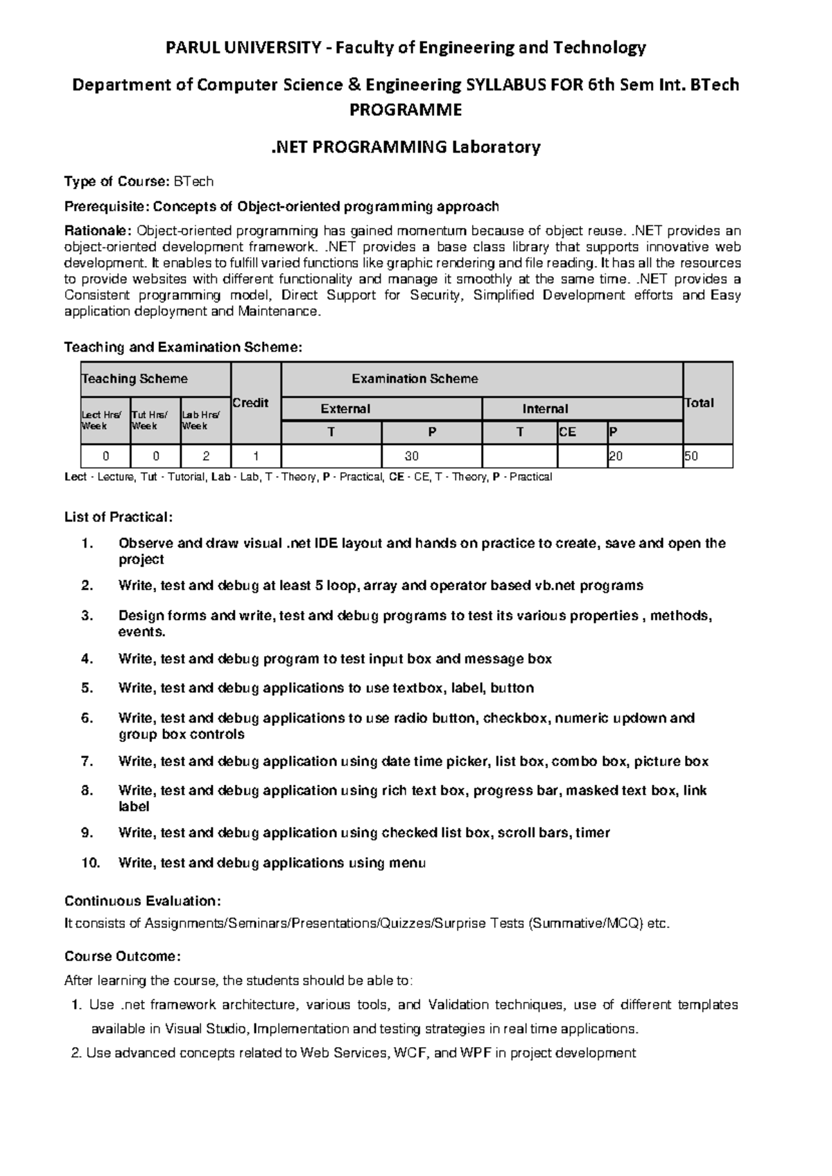 Sem 6 Net Lab Syllabus Parul University Faculty Of Engineering And Technology Department 