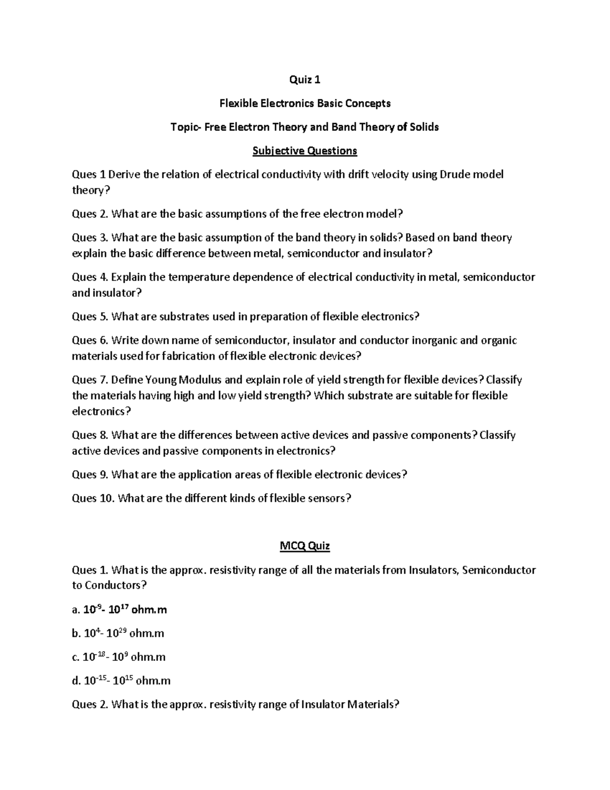Quiz 1 Related Free Electron Theory and Band Theory in Solids - Quiz 1 ...