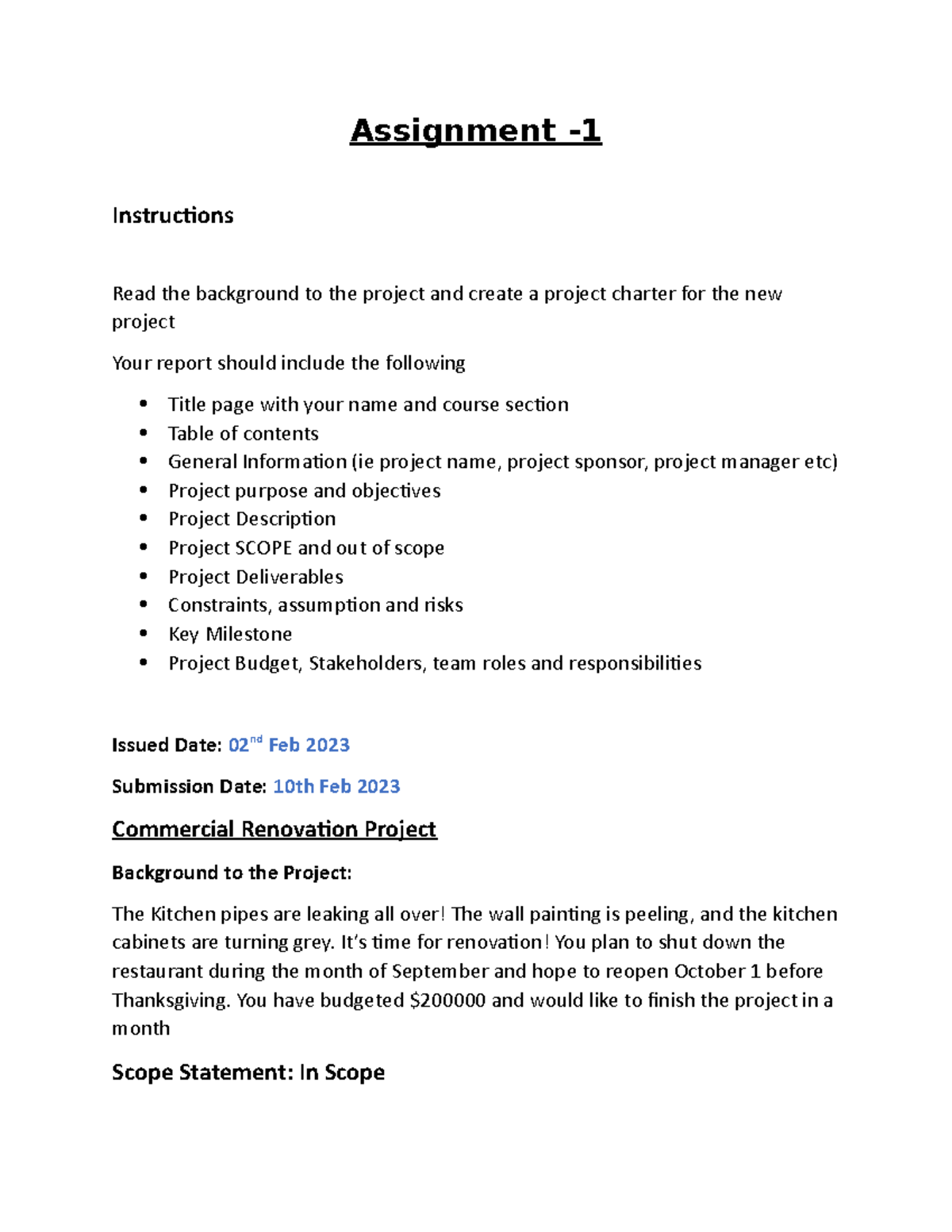 Assignment 1 - Project Charter - Assignment - Instructions Read the ...